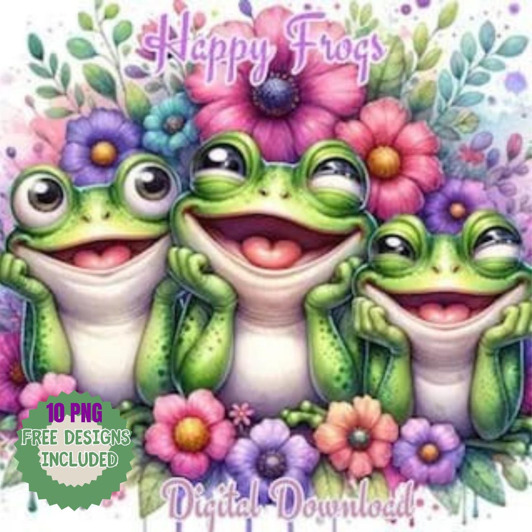 Watercolor Frog Clipart: Cheerful Frogs & Blossoms (PNG, JPG, PDF) - Etsy