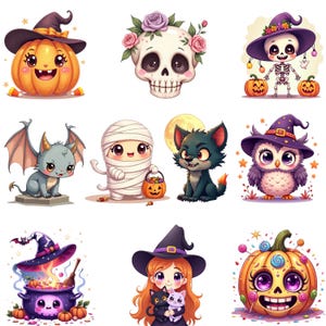 Halloween Cute Kawaii Clipart Watercolor Png Bundle. Adorable Halloween ...