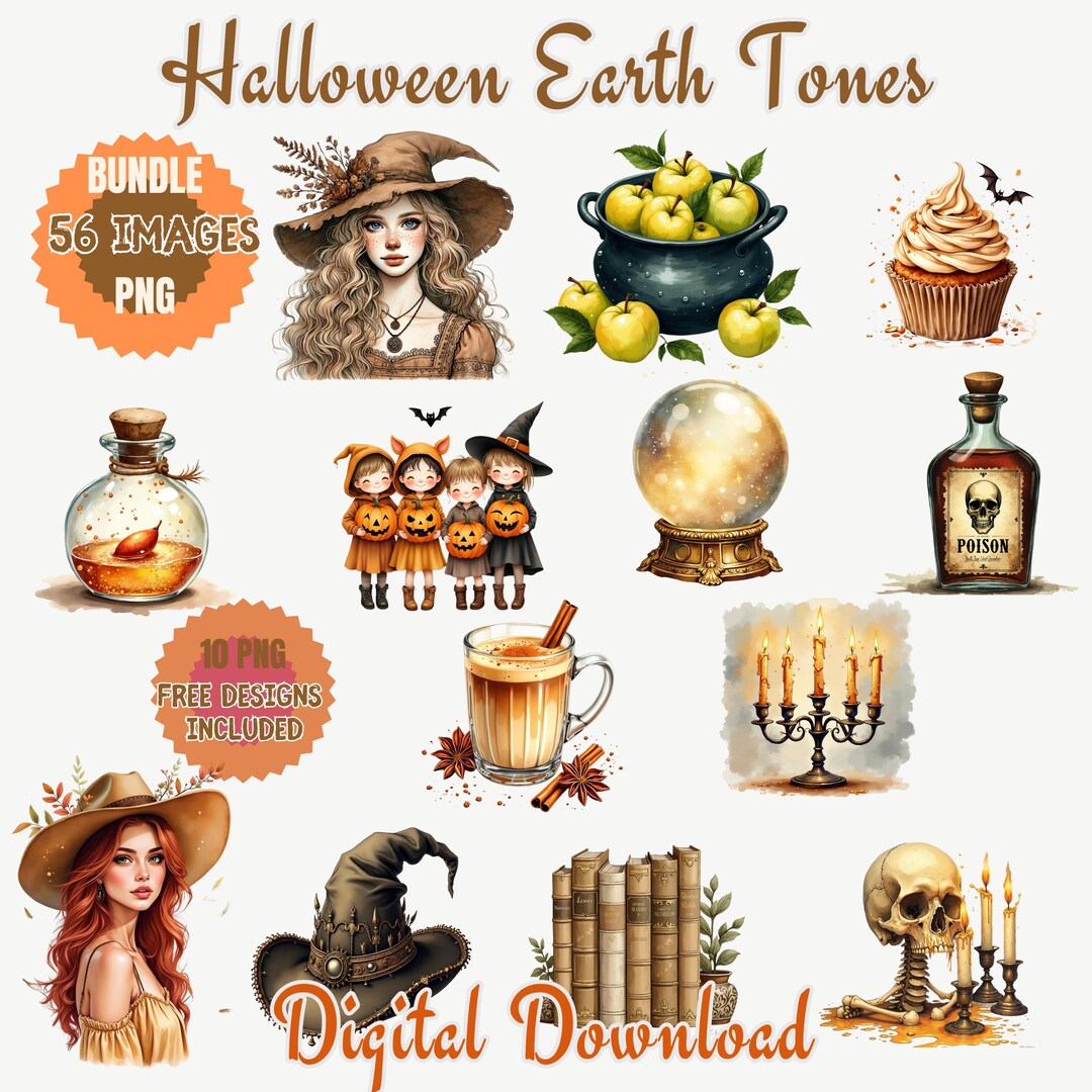 Earth Tones Halloween Watercolor Clipart Png Bundle, Cute Illustrations ...