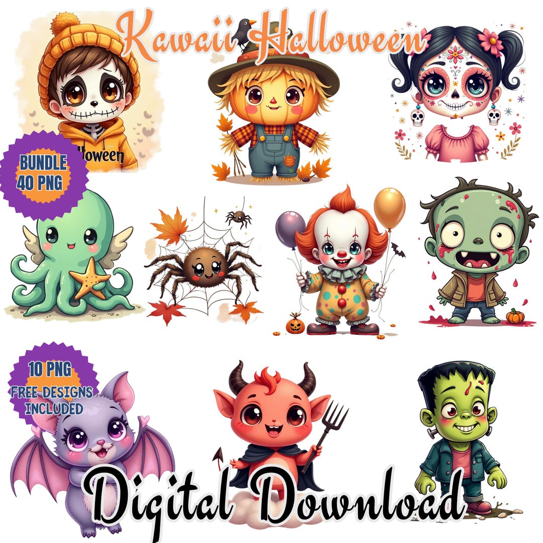Halloween Cute Kawaii Clipart Watercolor Png Bundle. Adorable Halloween ...
