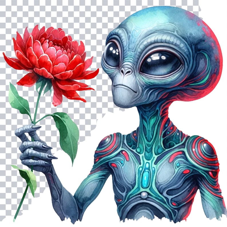 Alien Clipart: Watercolor Extraterrestrial Art, Galactic Love and Sci ...