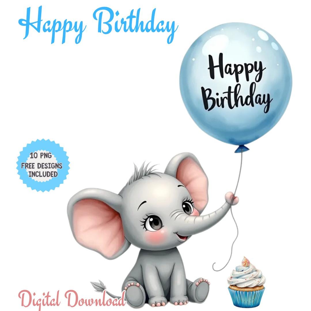 Birthday Elephants Clipart Festive Digital Illustrations for Greeting ...