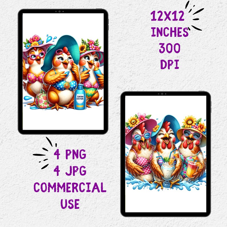 Watercolor Chicken Clipart: Funny Beach Chickens PNG (digital Download ...