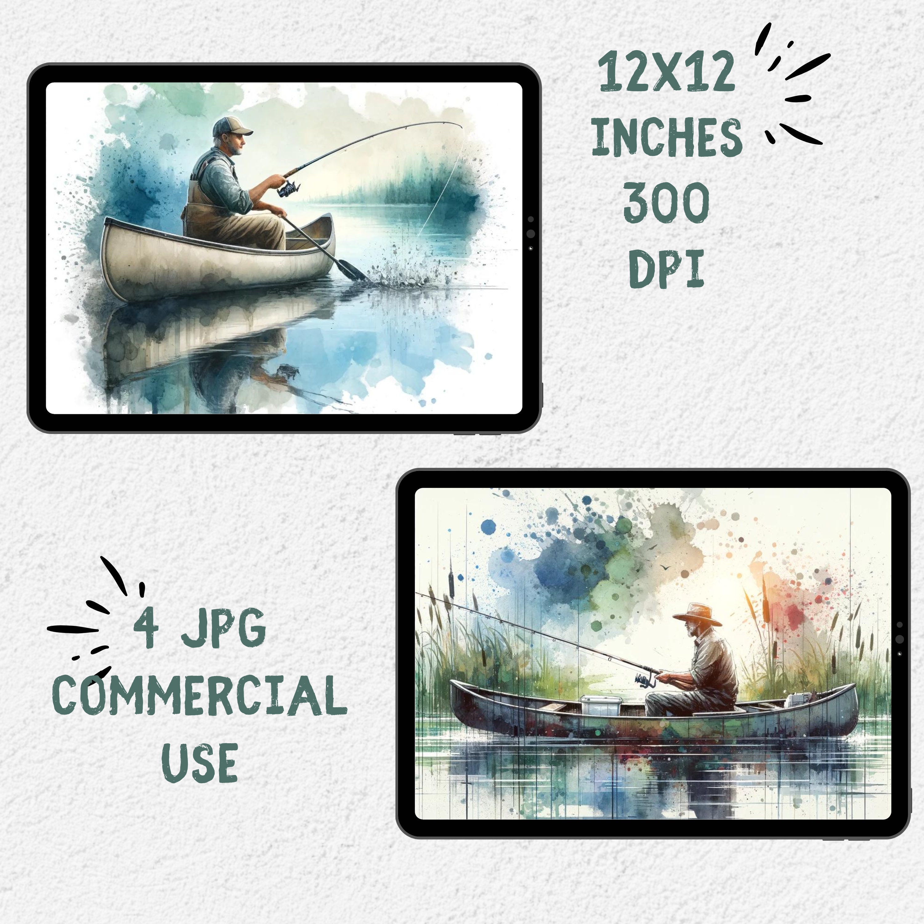 Watercolor Man Fishing Clipart JPG. Fishing Clip Art Theme. Lake and ...