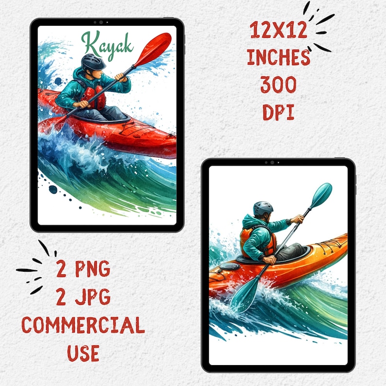 Watercolor Kayak Adventure Clipart. Travel Illustration. Water & Paddle ...