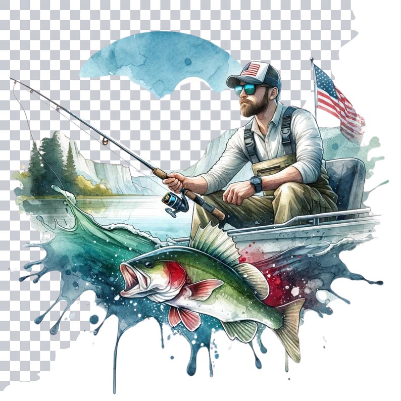 Watercolor Man Fishing Clipart PNG. Fishing Clip Art Theme. Lake ...