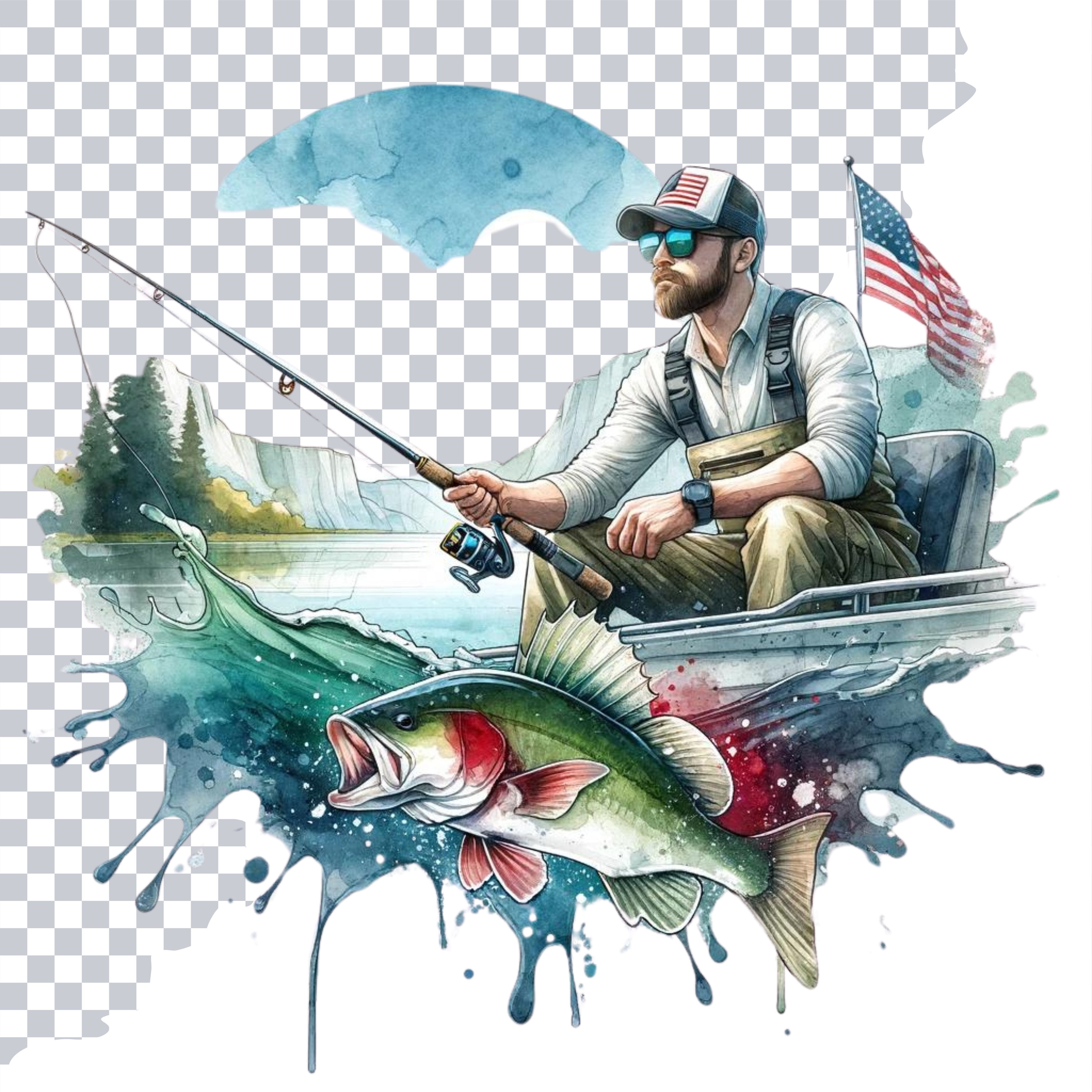 Watercolor Man Fishing Clipart PNG. Fishing Clip Art Theme. Lake ...