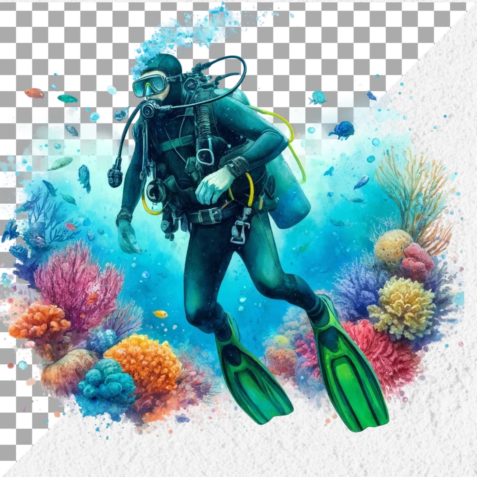 Watercolor Scuba Diving Clipart PNG: Diver Illustration (digital ...