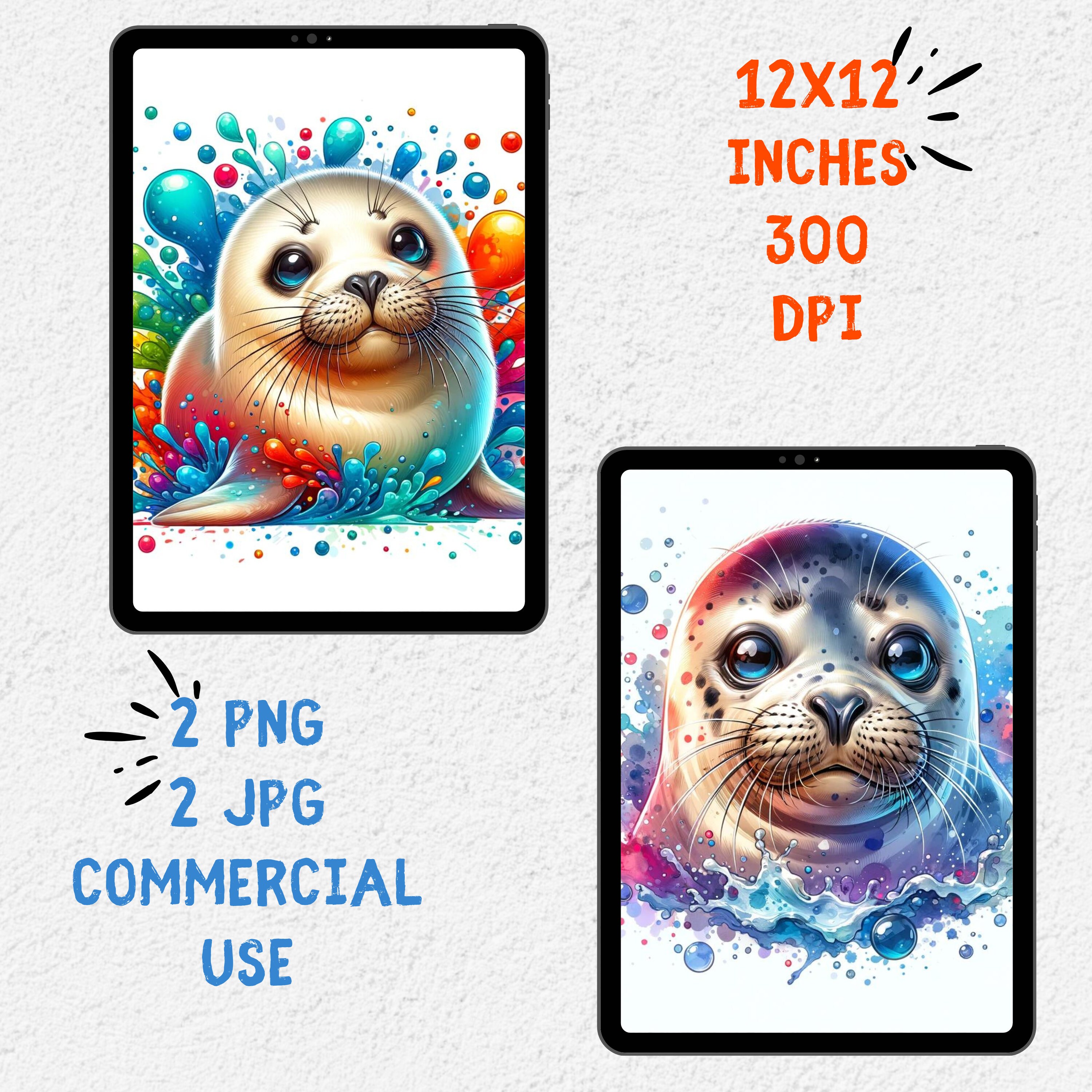 Whimsical Watercolor Seal Clipart, Ocean Seal Rainbow Splash Clipart ...