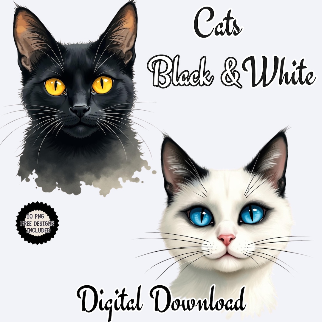 Black & White Cats Clipart Png Watercolor. Cute Cats. Animals, Nursery ...