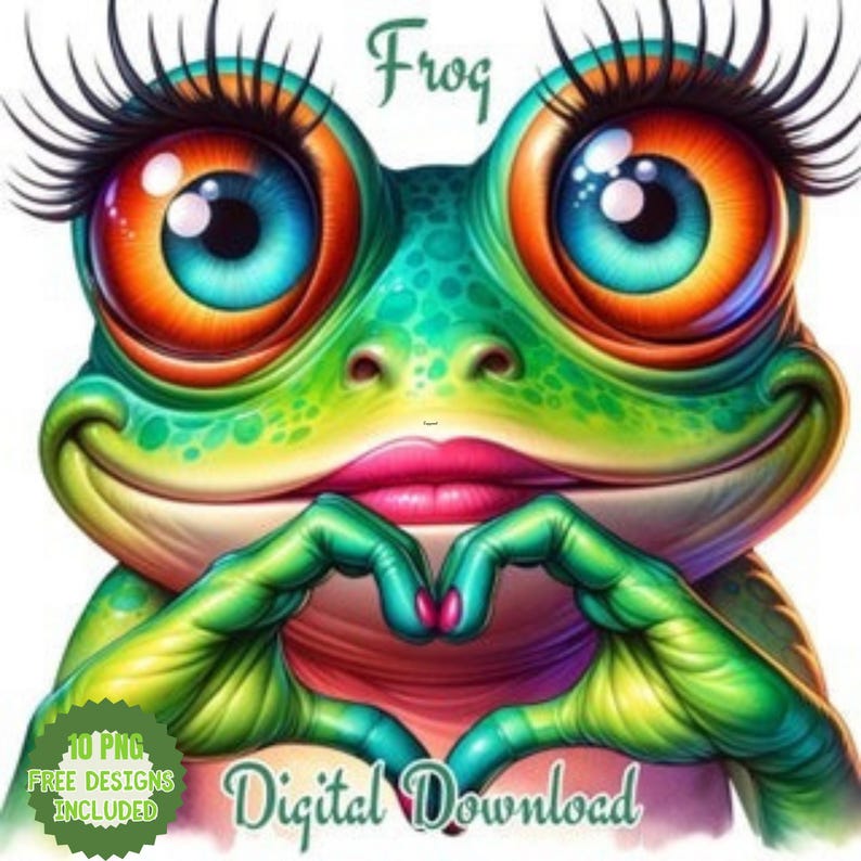 Cheerful Watercolor Frog Heart Hand Greeting Clipart, Green Smiling ...