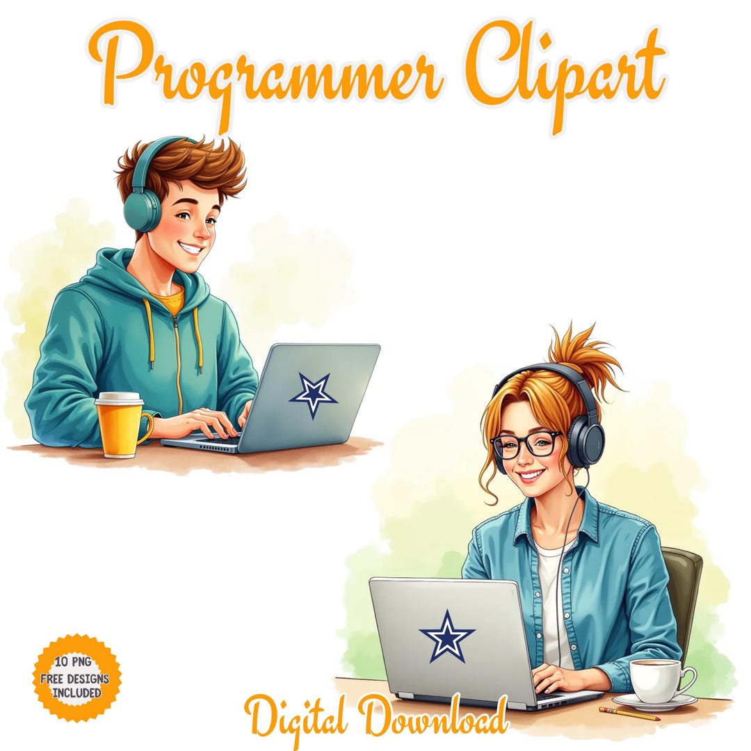 Watercolor Programmer Clipart: Coding, Tech, and Office (PNG Digital ...