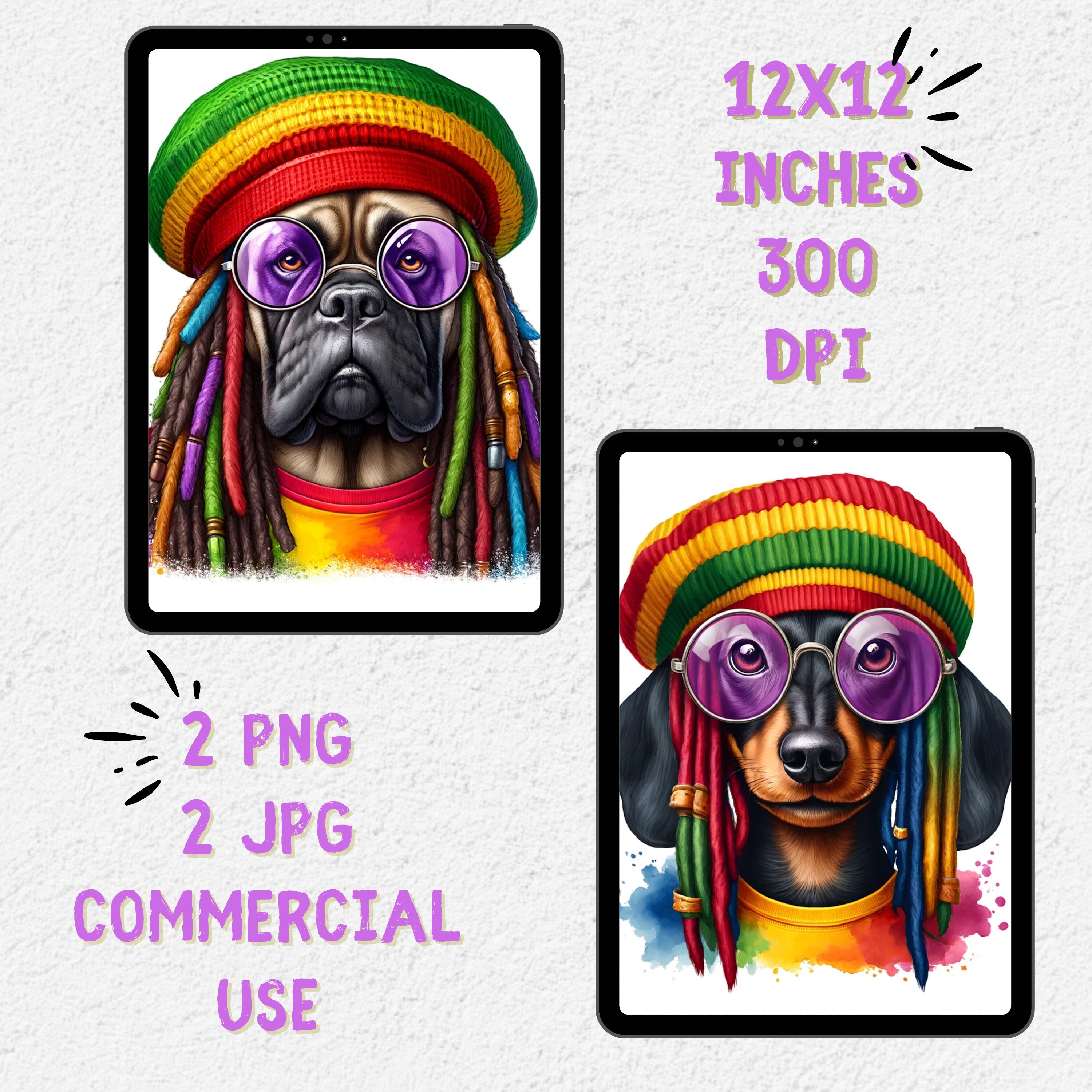 Rasta Dog Watercolor Clipart: Rastafarian Pooch Illustration (PNG & JPG ...