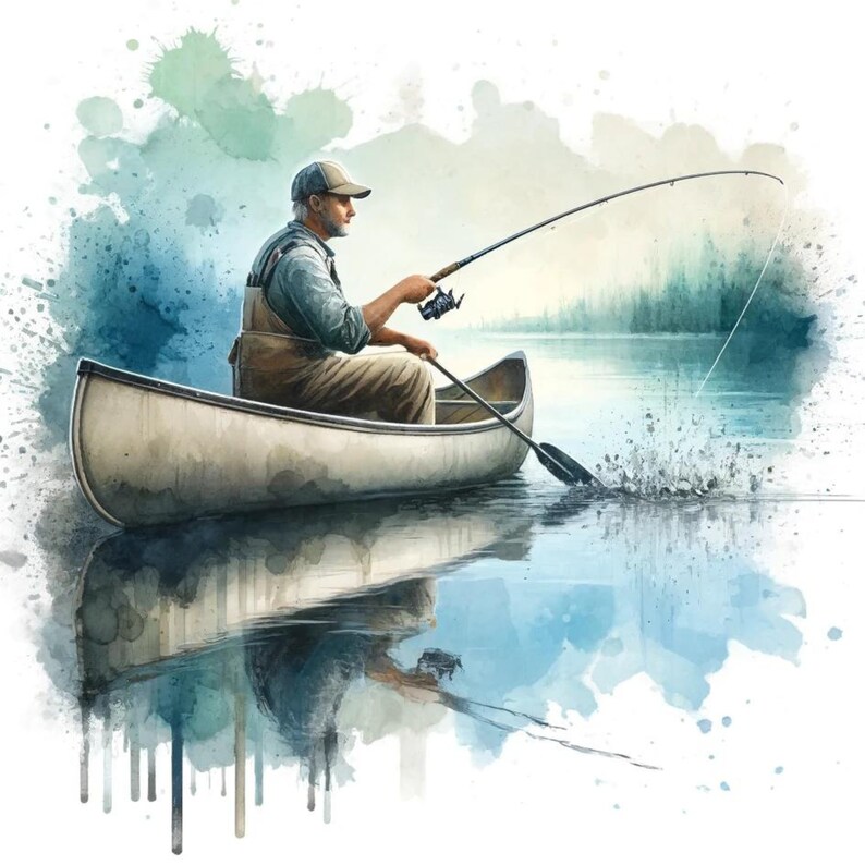 Watercolor Man Fishing Clipart JPG. Fishing Clip Art Theme. Lake and ...