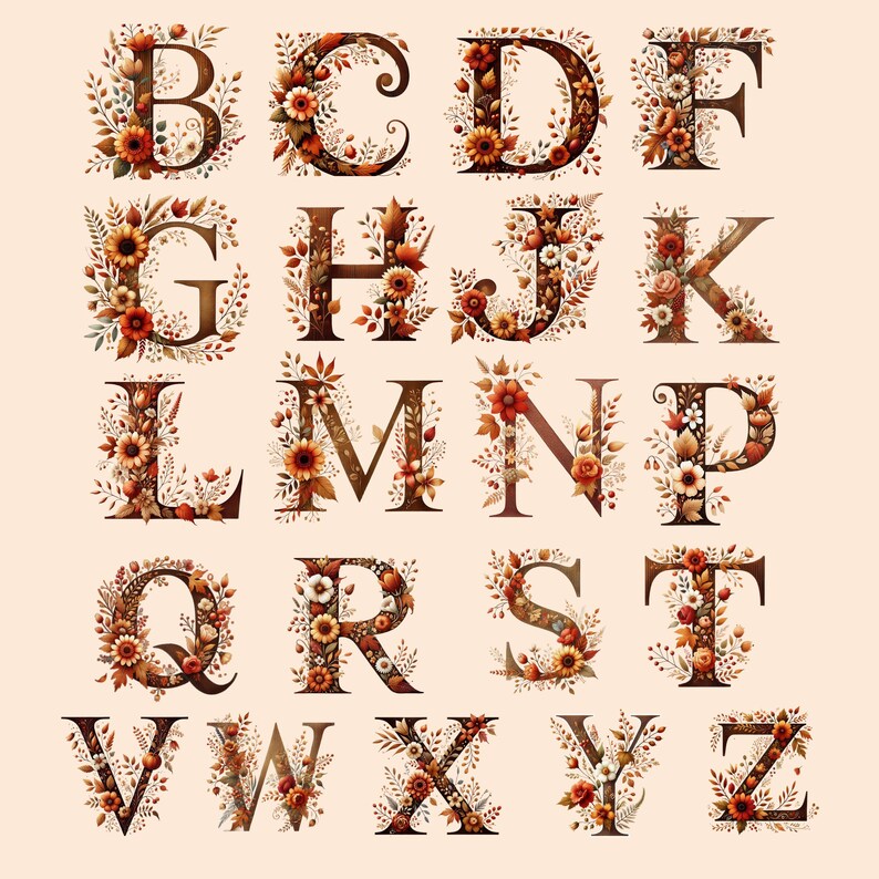 Autumn Floral Alphabet Clipart PNG, Fall Alphabet Watercolor, Fall ...