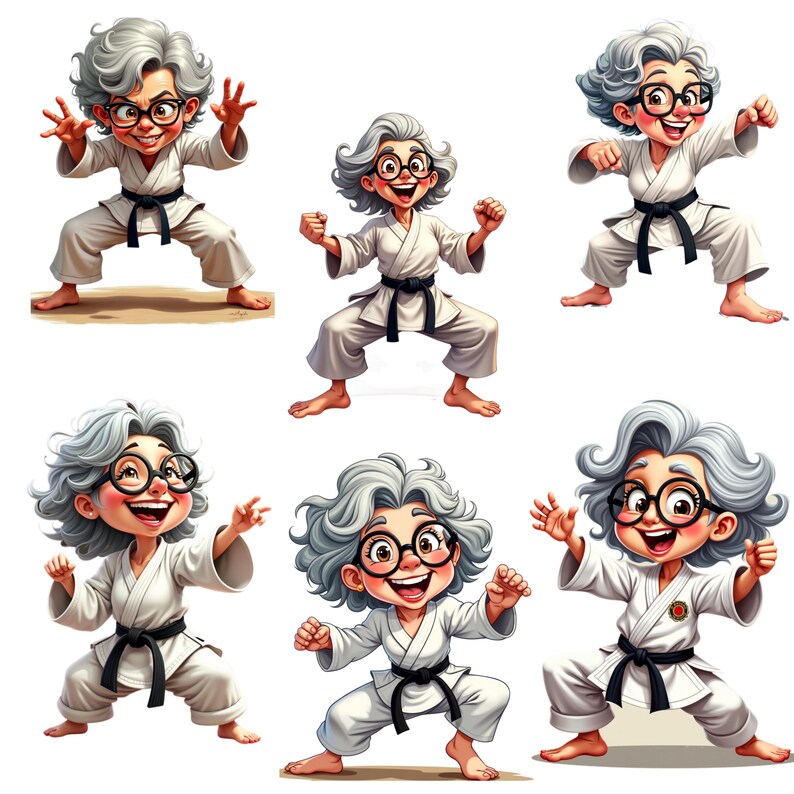 Watercolor Karate Fighter Grandma Clipart, Dynamic Grandma, Sporty and ...