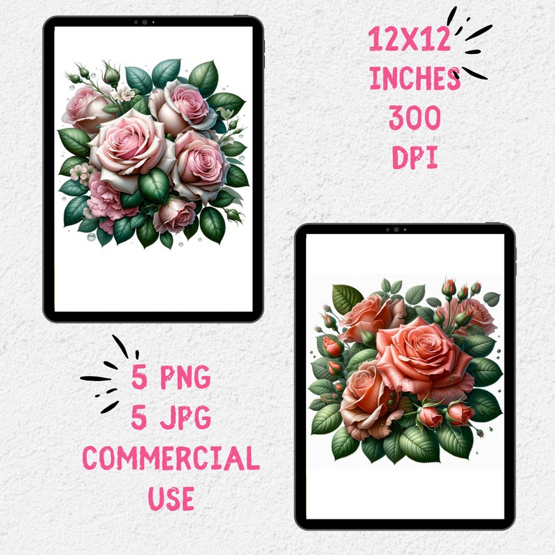 Watercolor Pink Roses Clipart Png, Roses Wedding Bouquet Bundle, Blush ...