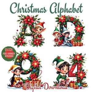Christmas Alphabet Letters & Numbers Watercolor Clipart. Adorable Elf ...