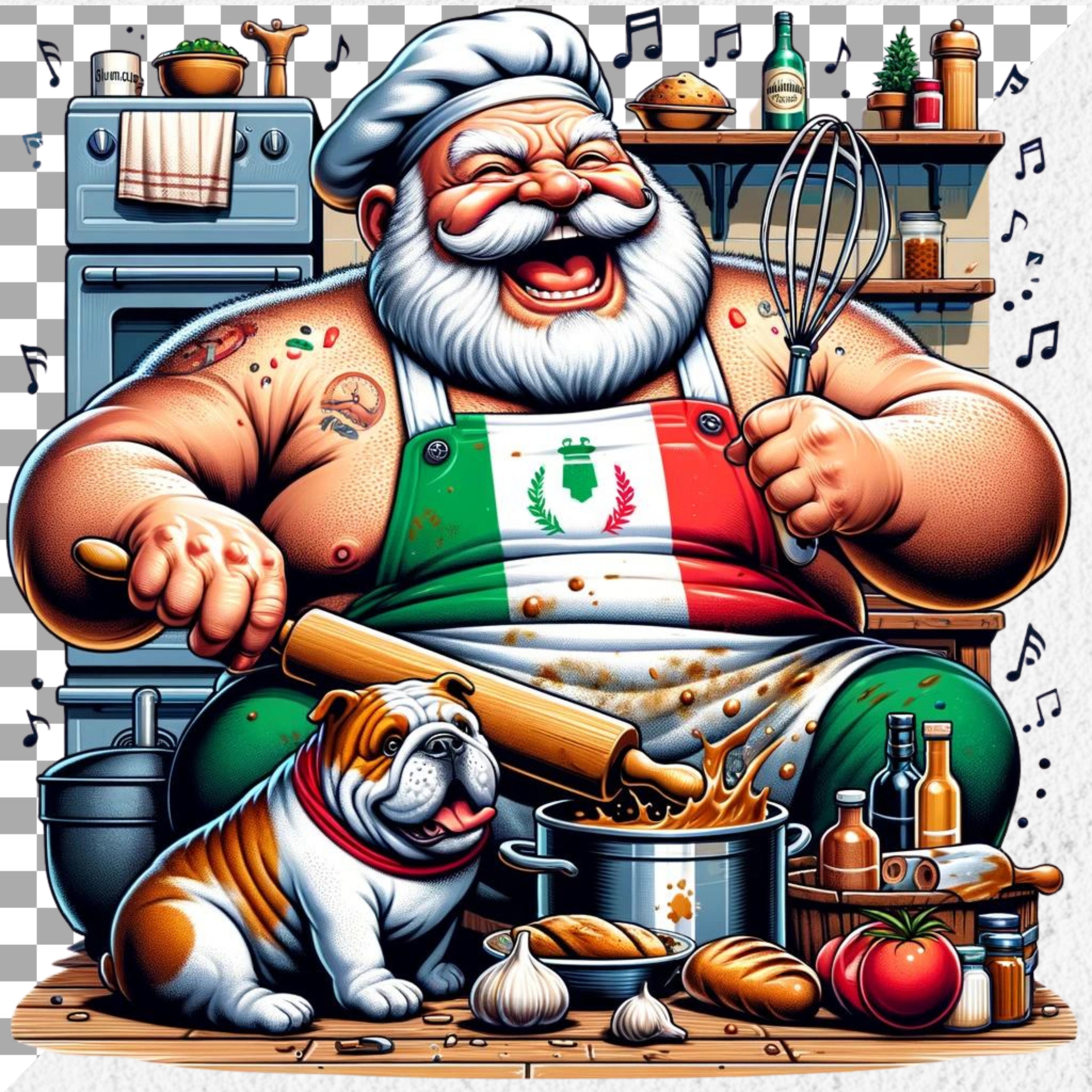 Watercolor Clipart Happy & Funny Chef and His Bulldog Making Pizza ...