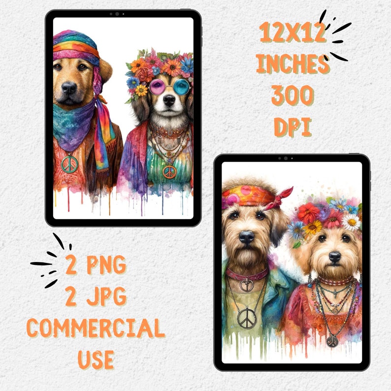 Colorful Bohemian Dogs Clipart: Watercolor Hippie Dog Illustrations ...