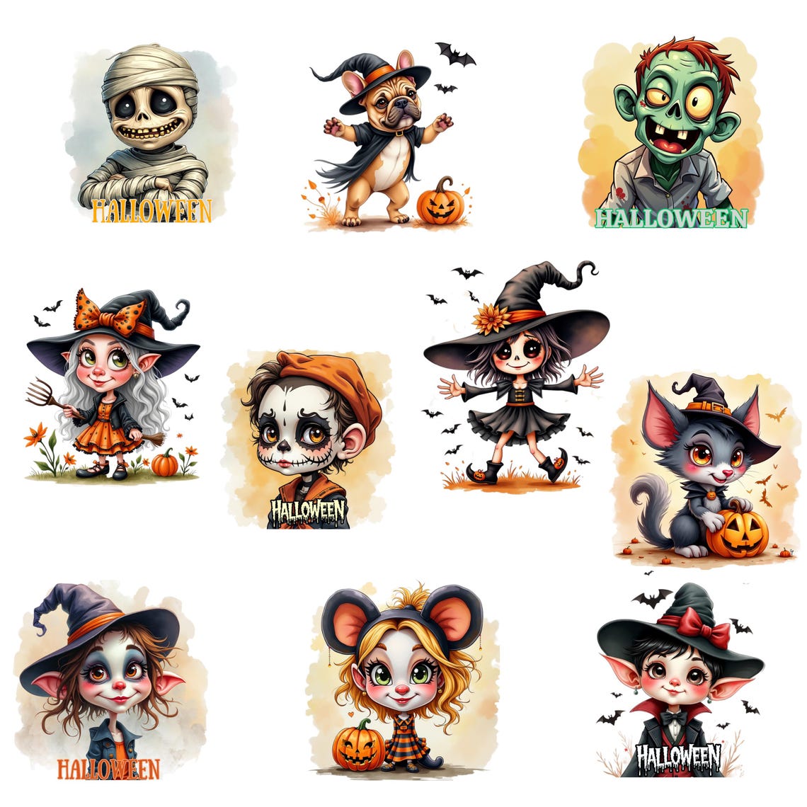 40 Cute Halloween Characters Bundle Png Watercolor Clipart. Graphics ...