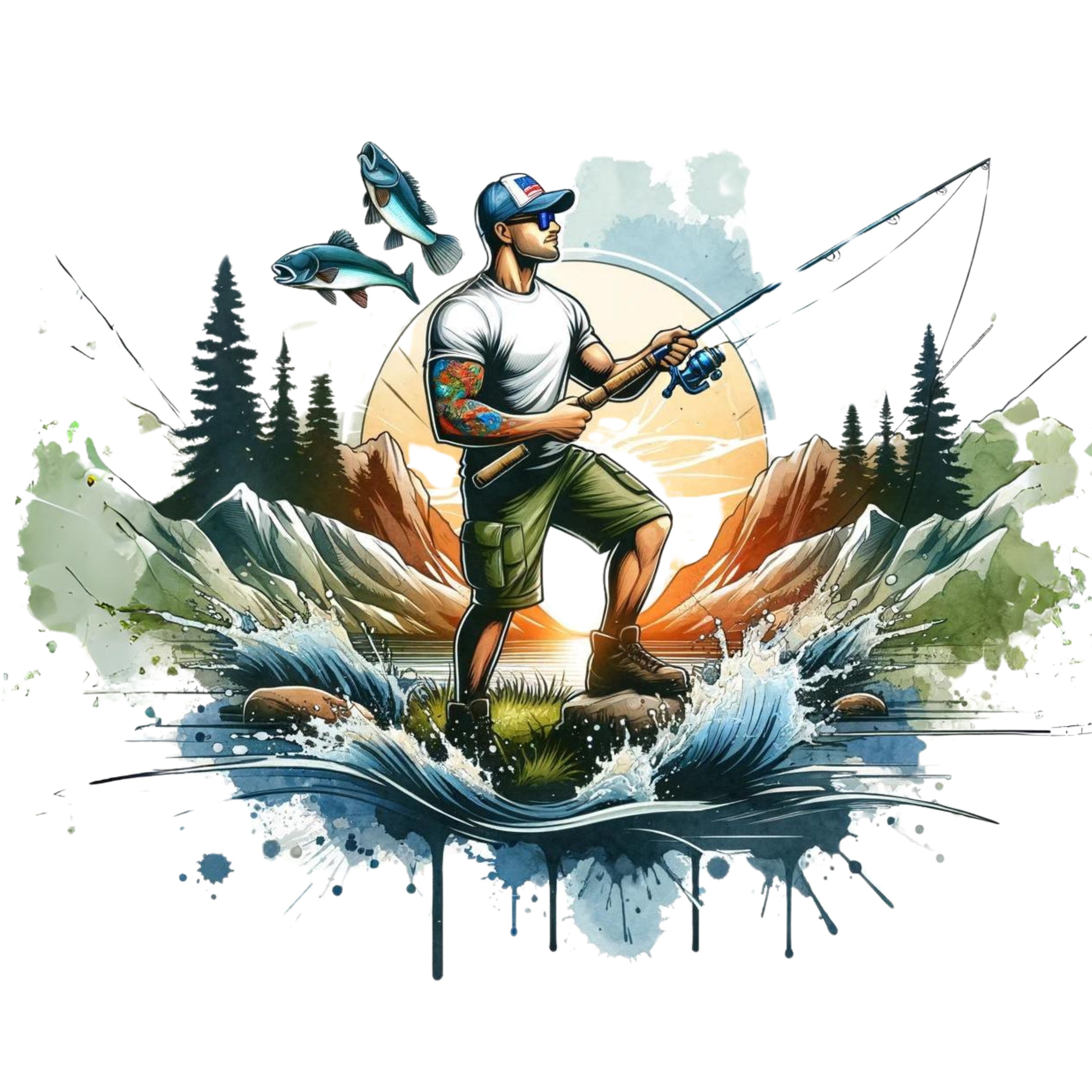 Watercolor Man Fishing Clipart PNG. Fishing Clip Art Theme. Lake ...