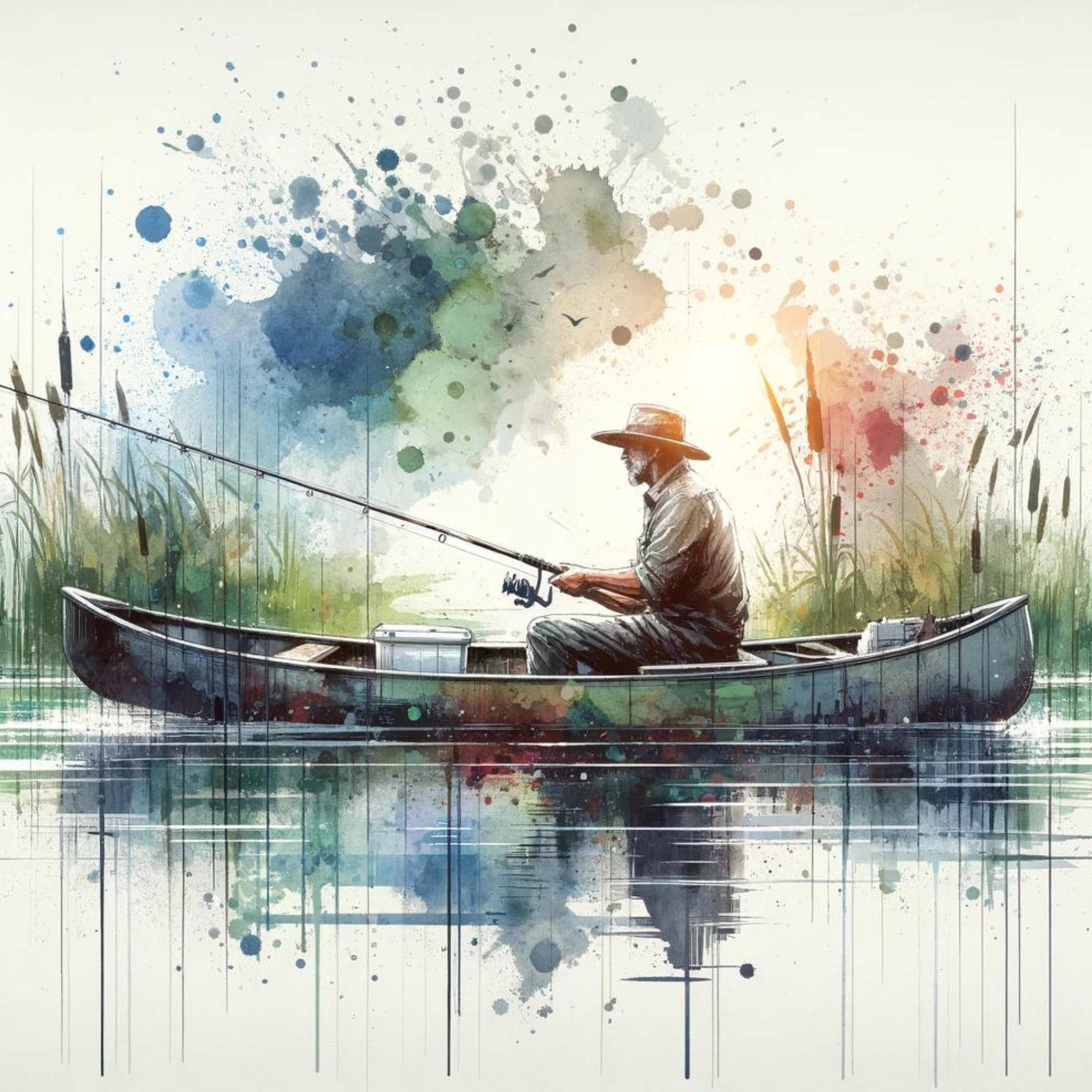 Watercolor Man Fishing Clipart, Lake Landscape (JPG Images) - Etsy
