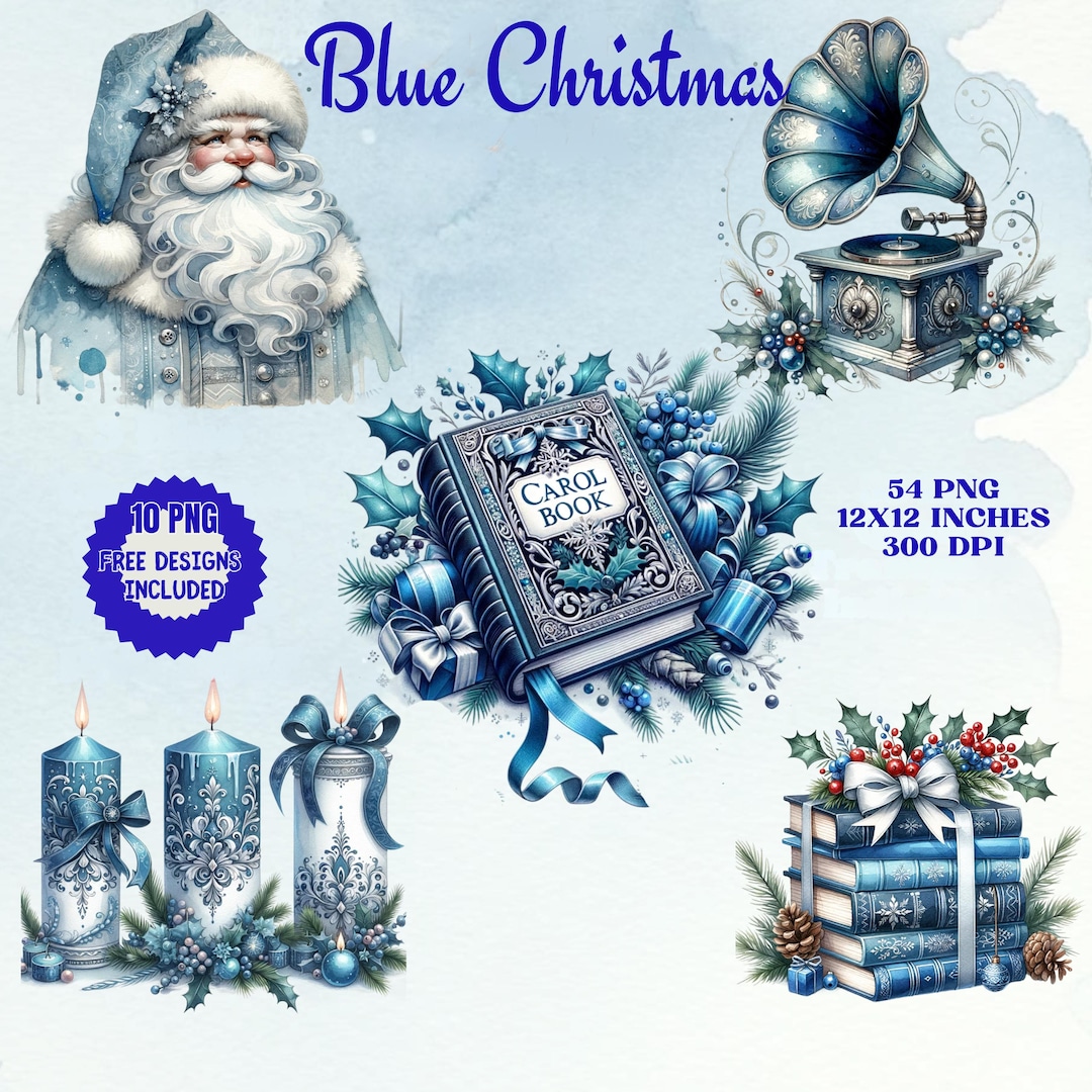 Blue Christmas Watercolor Clipart Bundle (PNG, JPG, PDF) - Etsy