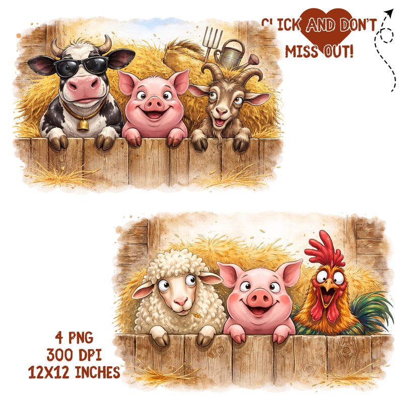 Watercolor Farm Animals Clipart, Cow, Pig, Goat, Donkey, Sheep, Rooster ...