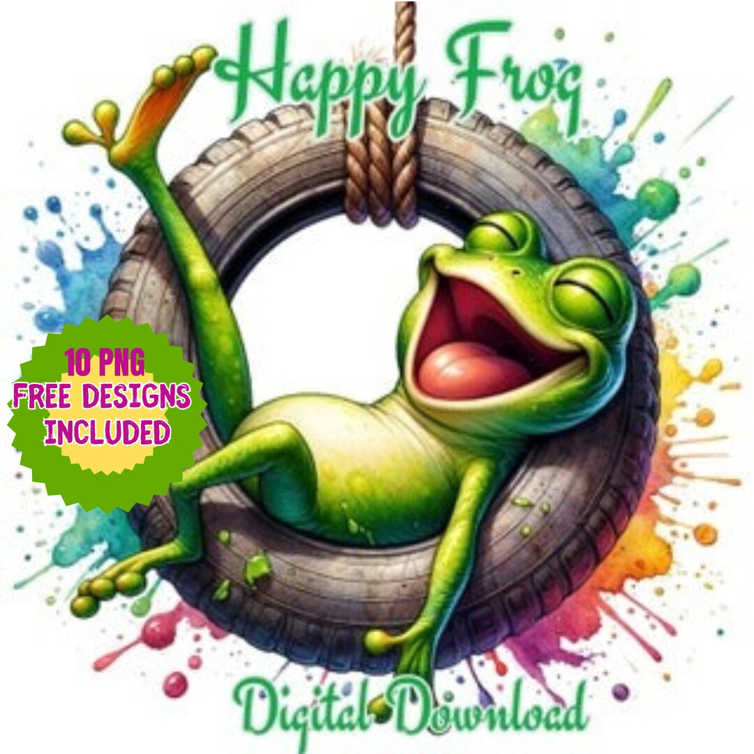 Cheerful Watercolor Frog on Swing Clipart, High-res Green Smiling Frog ...