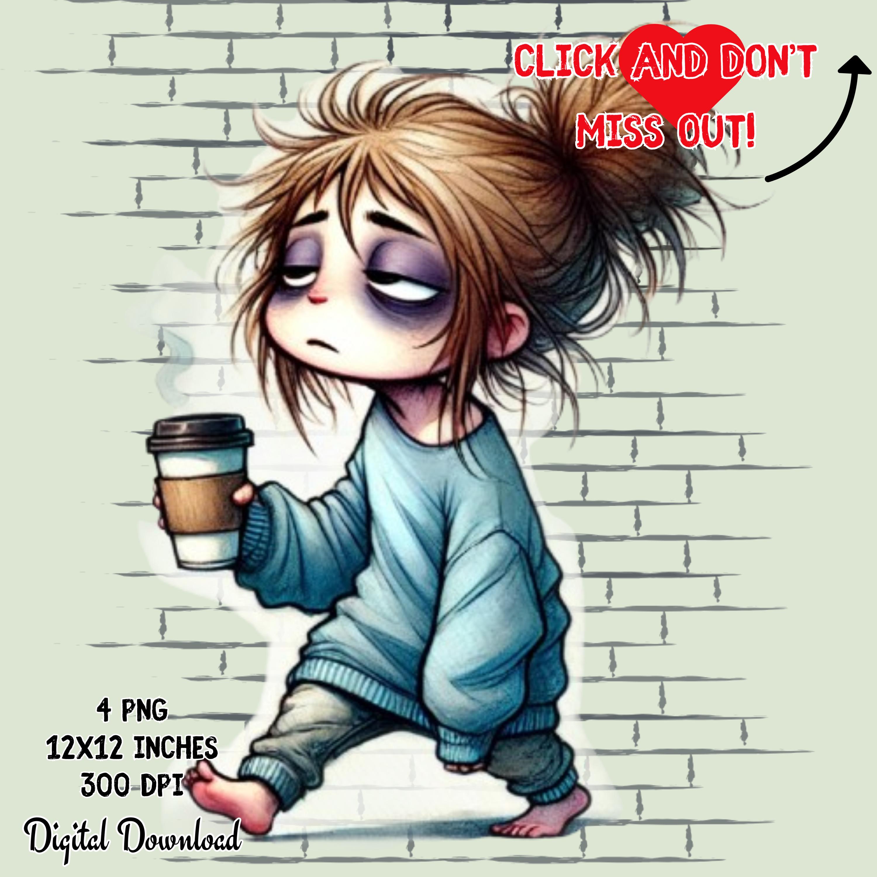 Watercolor Frazzled Girl Coffee Clipart: Weary Woman PNG (digital ...