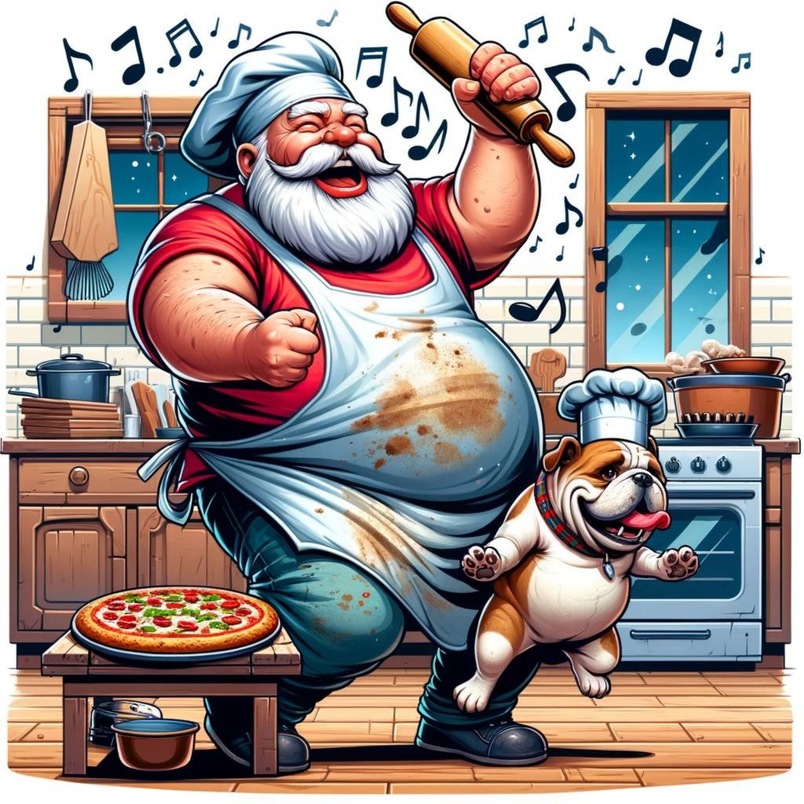 Watercolor Clipart Happy & Funny Chef and His Bulldog Making Pizza ...