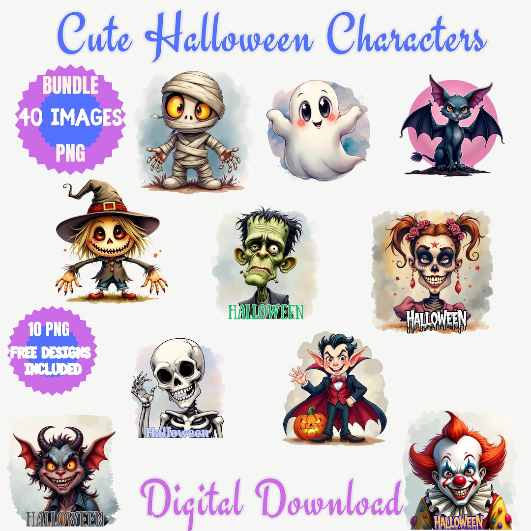 40 Cute Halloween Characters Bundle Png Watercolor Clipart. Graphics ...
