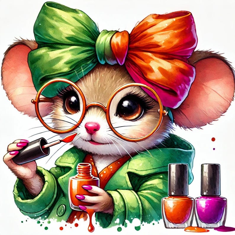 Charming & Flirty Mice Watercolor Cliparts With Large Colorful Bows ...
