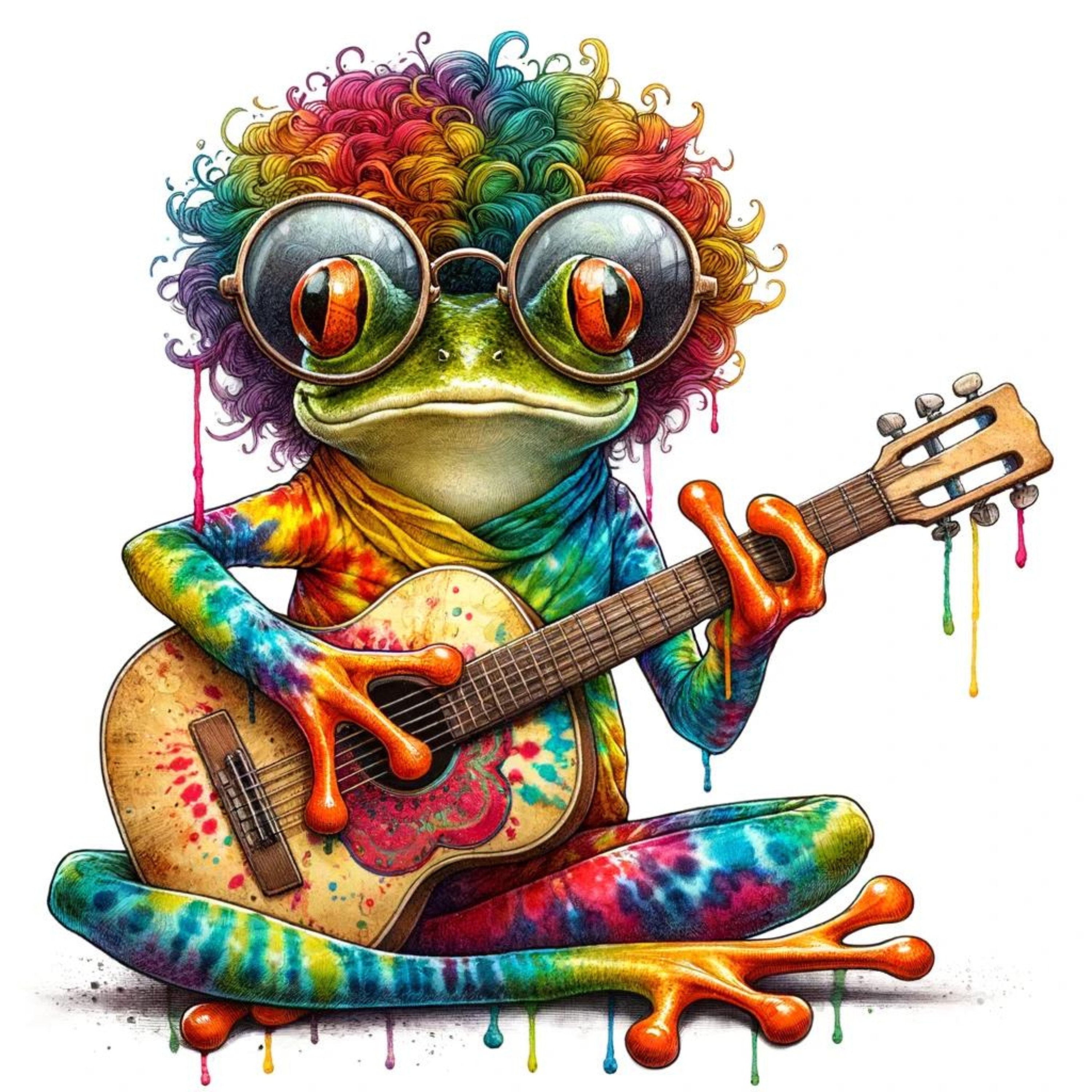 Watercolor Green Frogs Clipart, Whimsical Frog With Acoustic Guitar PNG ...