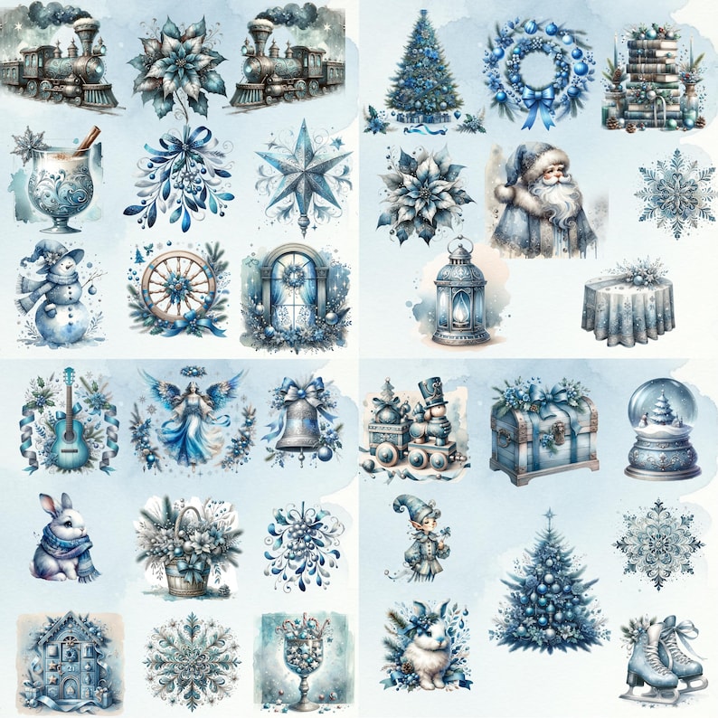 Blue Christmas Watercolor Clipart Bundle (PNG, JPG, PDF) - Etsy
