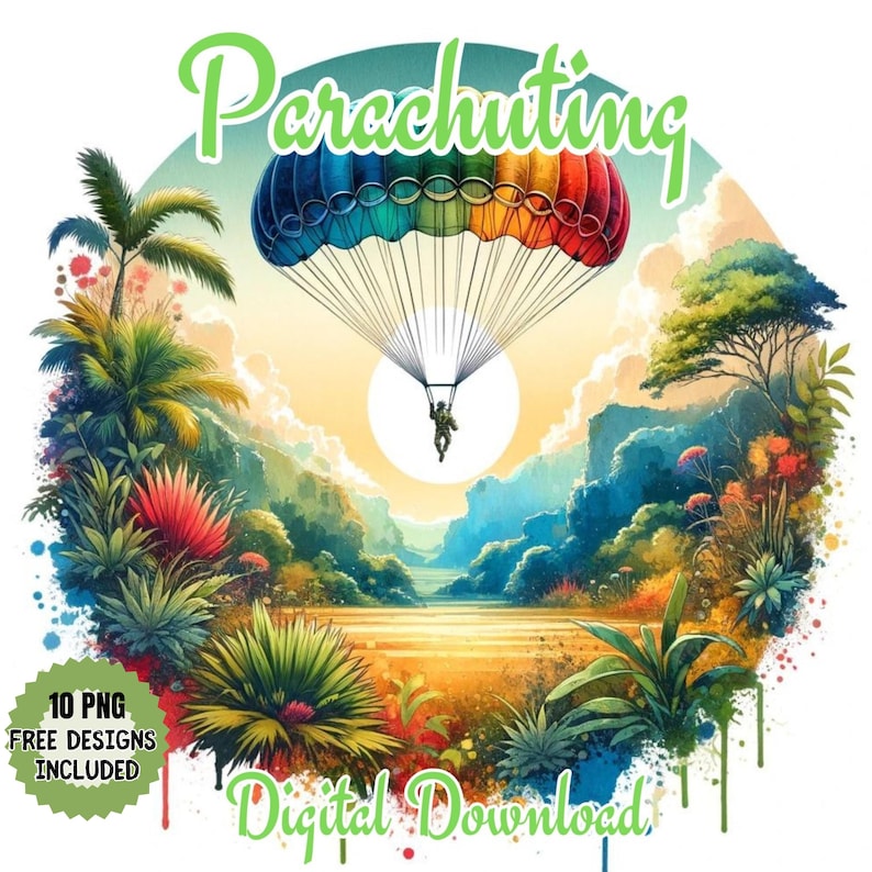 Parachuting Colorful Clipart Watercolor, Parachuting Digital Clipart ...