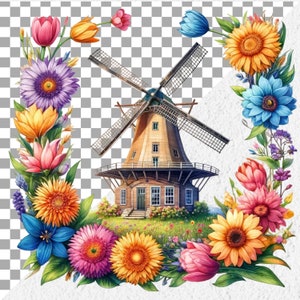 Watercolor Floral Windmill Clipart. Elegant Floral Windmill Clipart ...