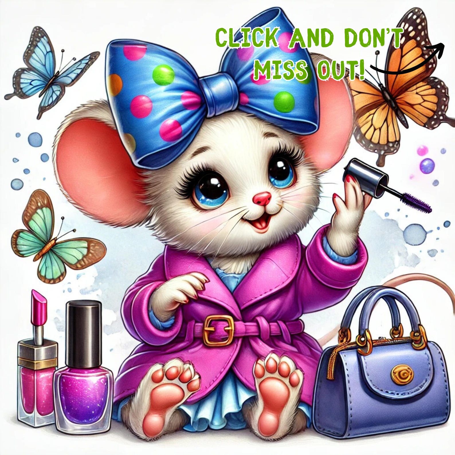 Flirty Mice Watercolor Clipart, Makeup & Butterflies (digital Download ...