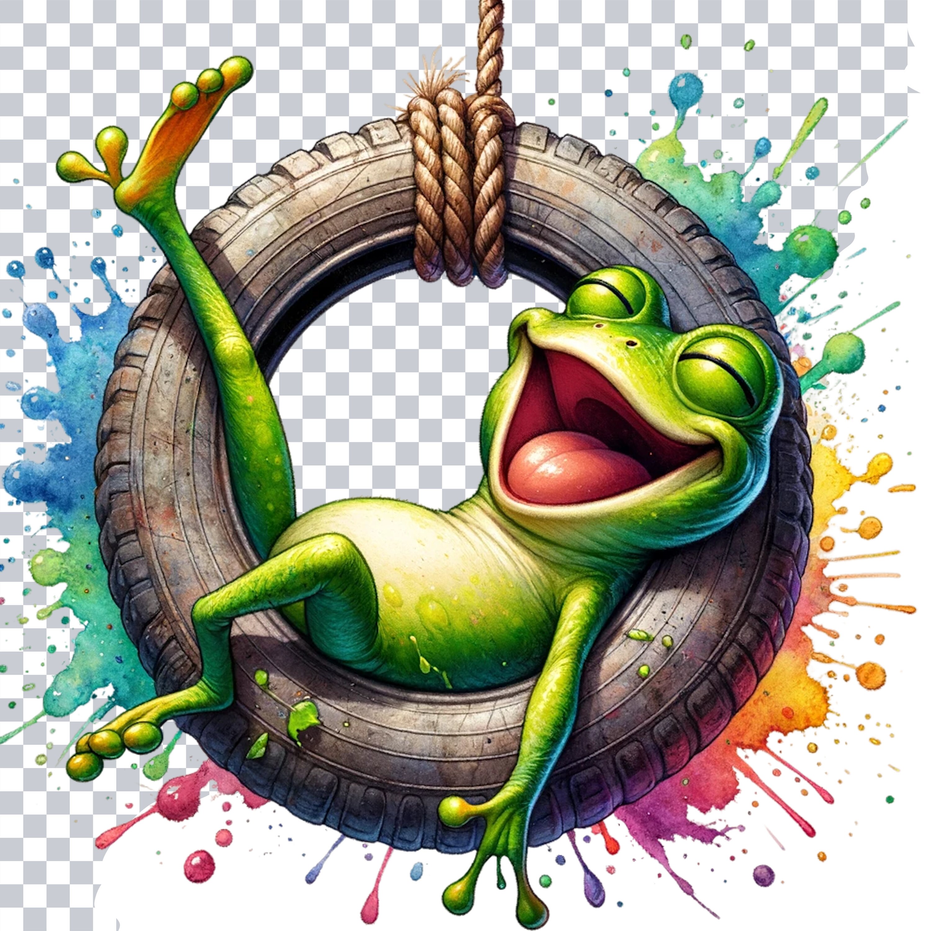 Cheerful Watercolor Frog on Swing Clipart, High-res Green Smiling Frog ...