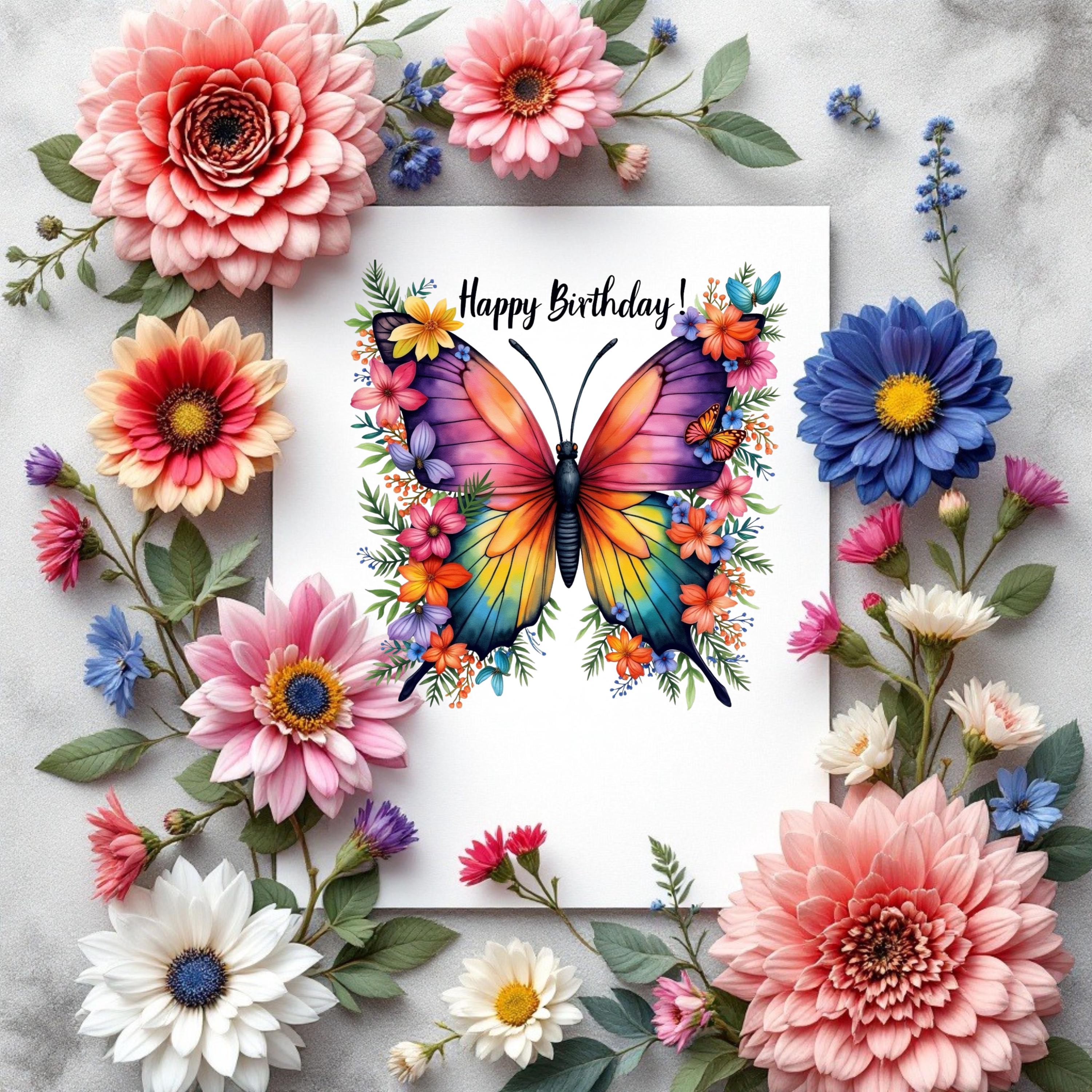 Birthday Butterfly With Flowery Wings. Butterfly Birthday Card. Happy ...