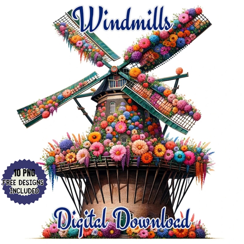 Watercolor Floral Windmill Clipart. Elegant Floral Windmill Clipart ...