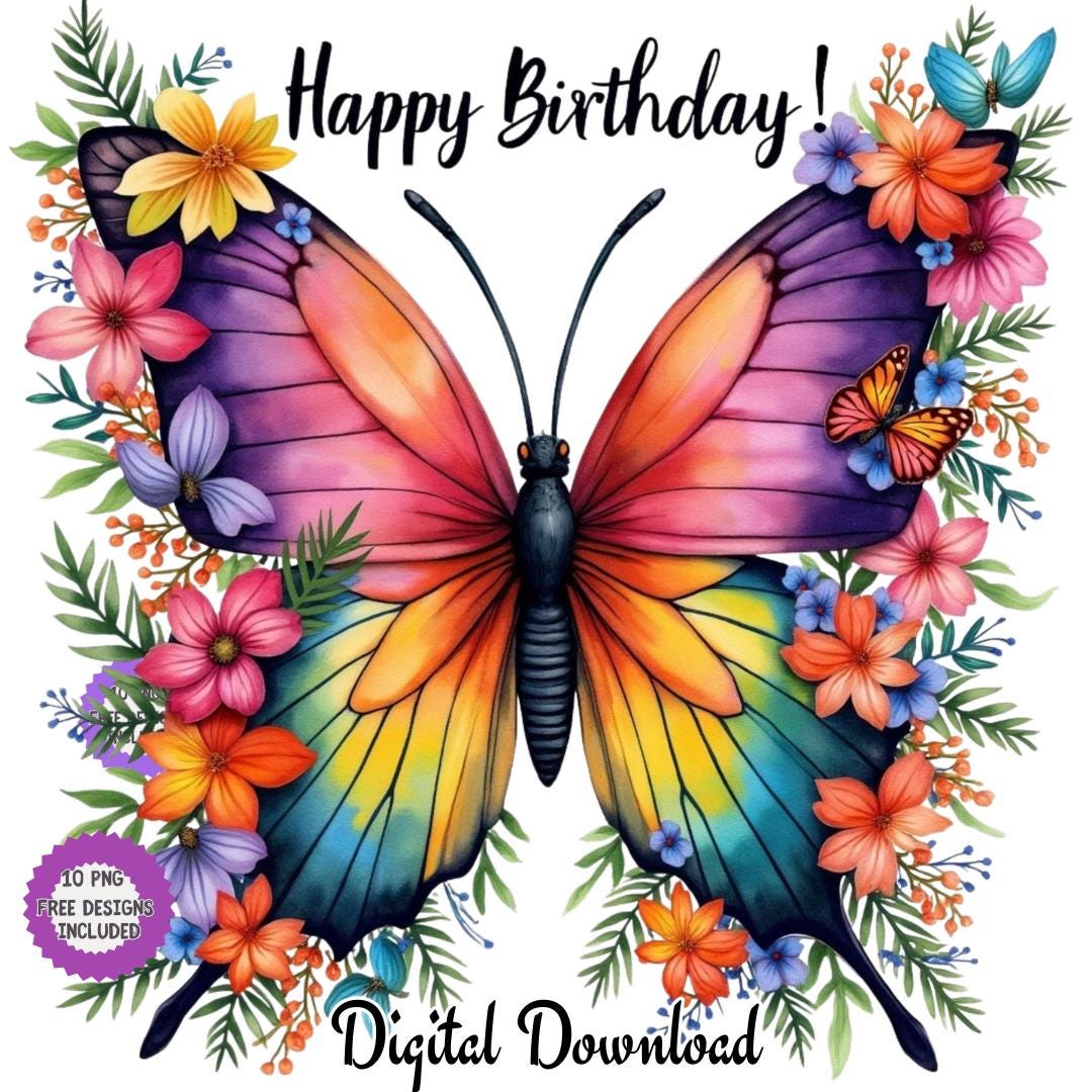 Birthday Butterfly With Flowery Wings. Butterfly Birthday Card. Happy ...