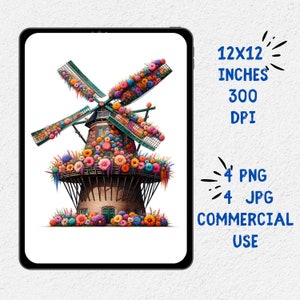 Watercolor Floral Windmill Clipart. Elegant Floral Windmill Clipart ...