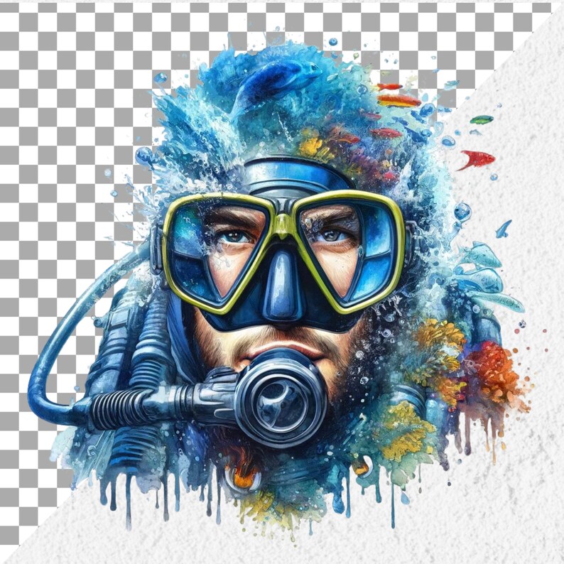 Watercolor Scuba Diving Clipart PNG: Diver Illustration (digital ...