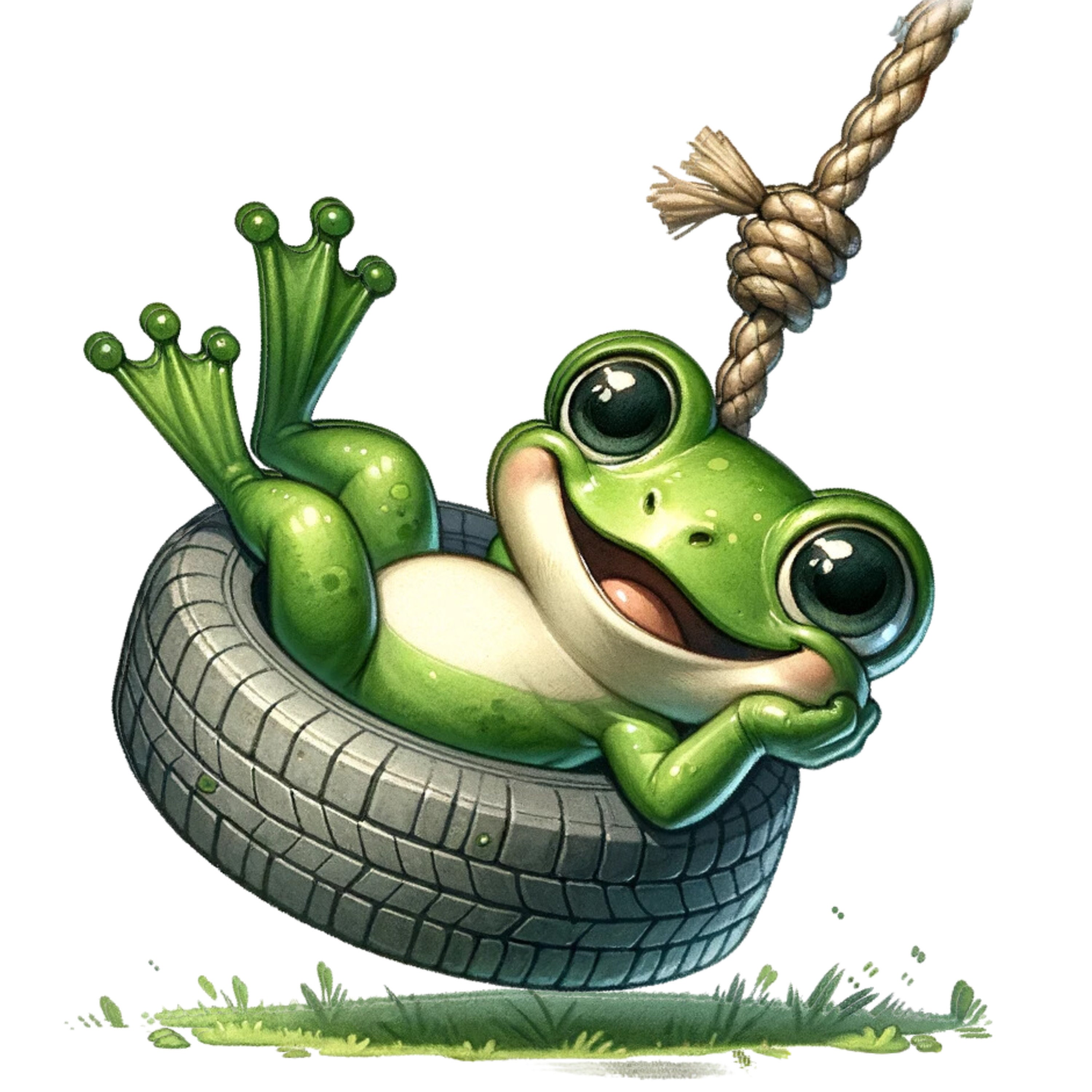 Cheerful Watercolor Frog on Swing Clipart, High-res Green Smiling Frog ...
