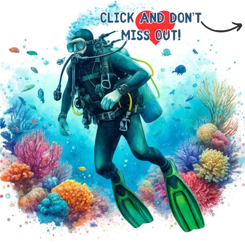 Watercolor Scuba Diving Clipart PNG: Diver Illustration (digital ...