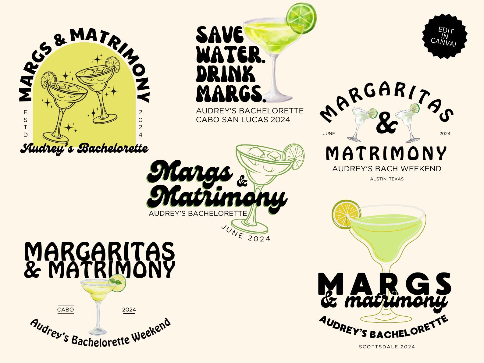 6 Editable Retro Margs & Matrimony Party Logo Pack Canva Templates ...