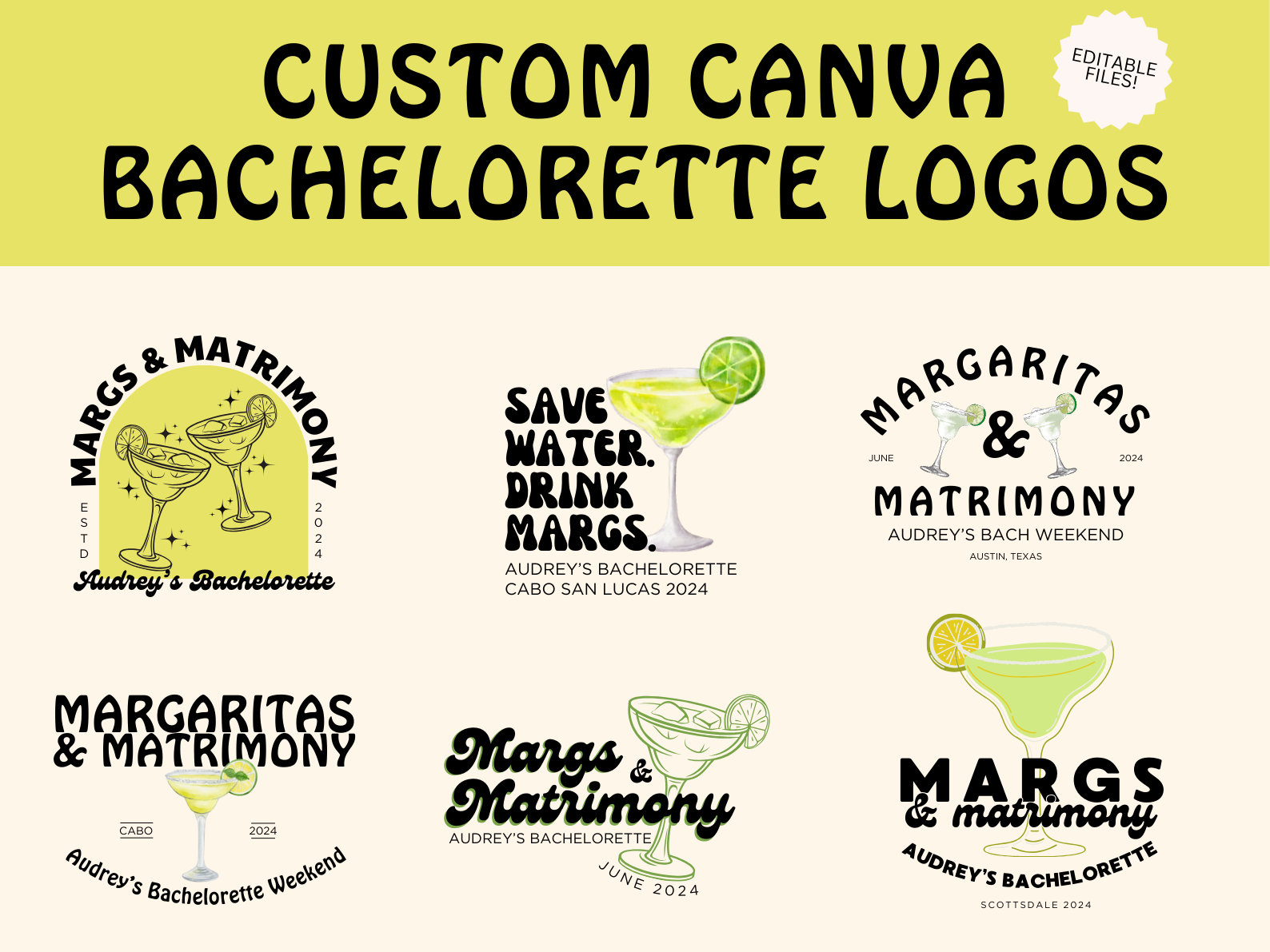 6 Editable Retro Margs & Matrimony Party Logo Pack Canva Templates ...