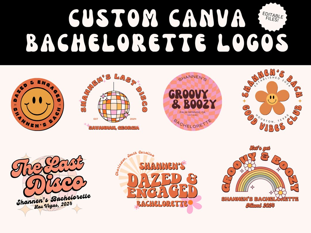 8 Editable Retro Bachelorette Party Logo Pack | Canva Templates ...